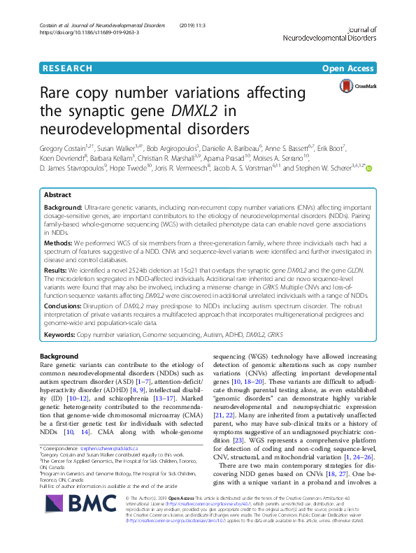 (PDF) Rare copy number variations affecting the synaptic gene DMXL2 in neurodevelopmental disorders