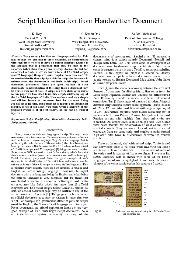 (PDF) Script Identification from Handwritten Document | Ganapatsing ...