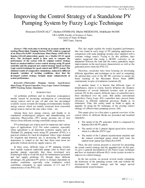 (PDF) Improving the Control Strategy of a Standalone PV Pumping System by Fuzzy Logic Technique