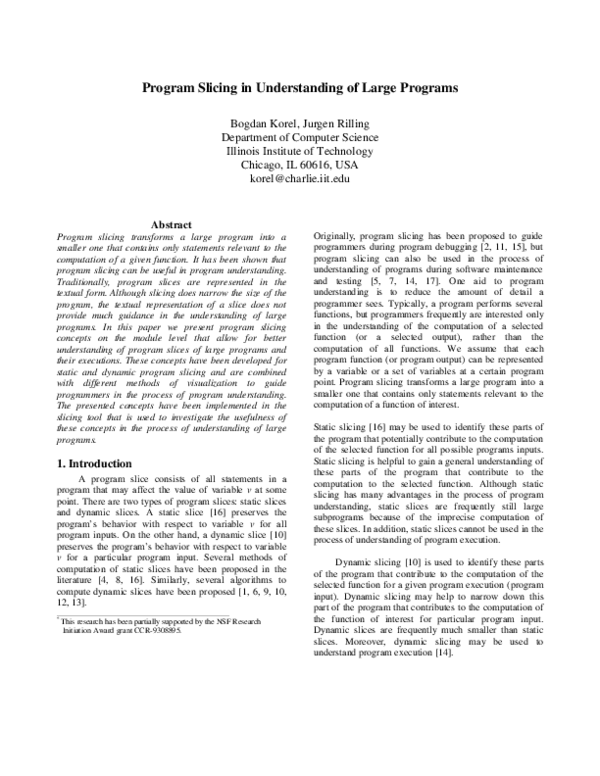 Pdf Program Slicing In Understanding Of Large Programs