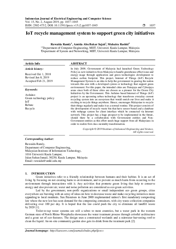 (PDF) IoT recycle management system to support green city initiatives