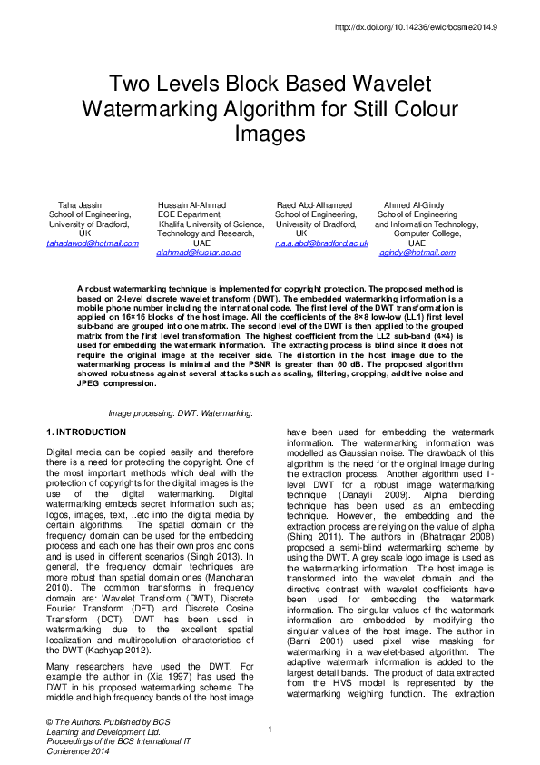 Pdf Two Levels Block Based Wavelet Watermarking Algorithm For Still