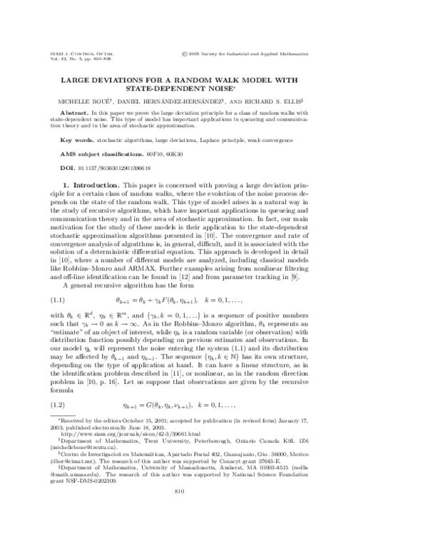 Pdf Large Deviations For A Random Walk Model With State Dependent Noise