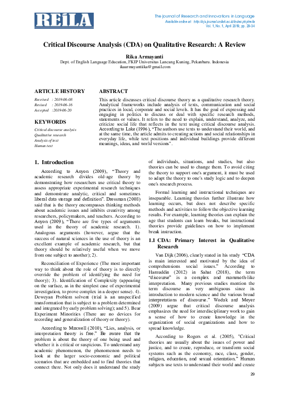 (PDF) A Review of Critical Discourse Analysis (CDA) on Qualitative Research