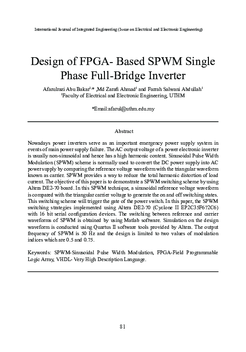 (PDF) Design of FPGA-Based SPWM Single Phase Full-Bridge Inverter