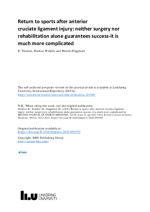 (PDF) Return to sports after anterior cruciate ligament reconstruction ...