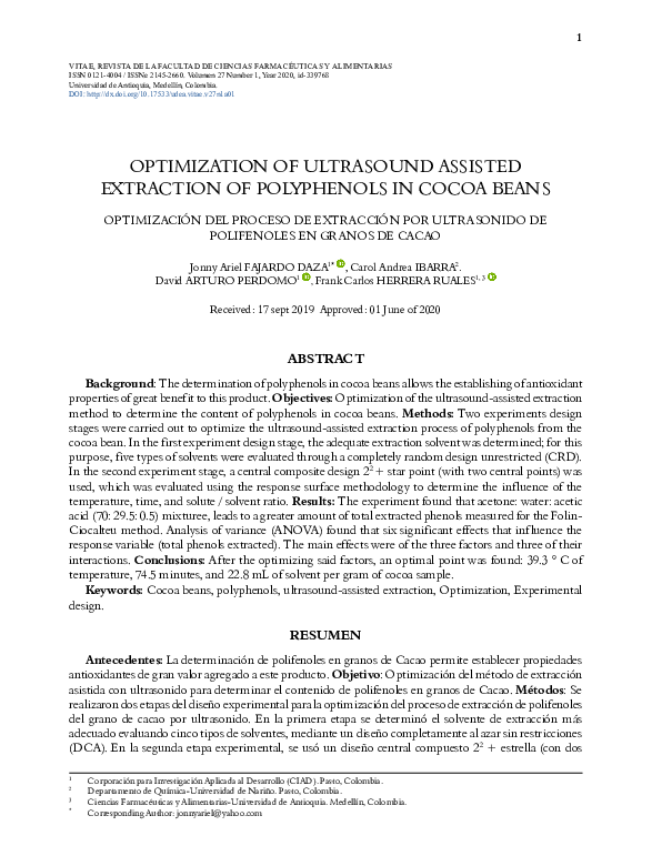 (PDF) Optimization of Ultrasound Assisted Extraction of Polyphenols in Cocoa Beans