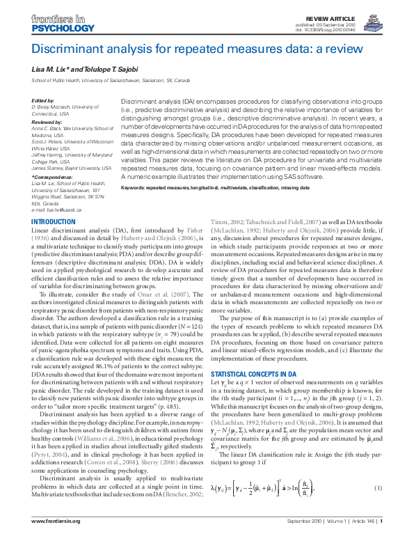 Pdf Discriminant Analysis For Repeated Measures Data A Review
