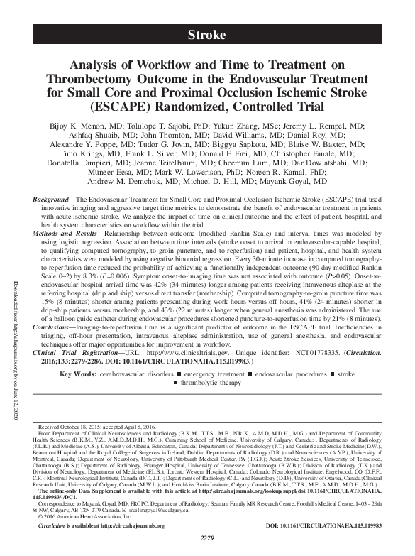 (PDF) Analysis of Workflow and Time to Treatment on Thrombectomy ...