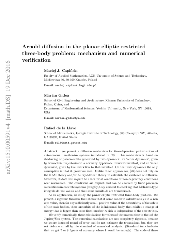 (PDF) Arnold diffusion in the planar elliptic restricted three-body ...