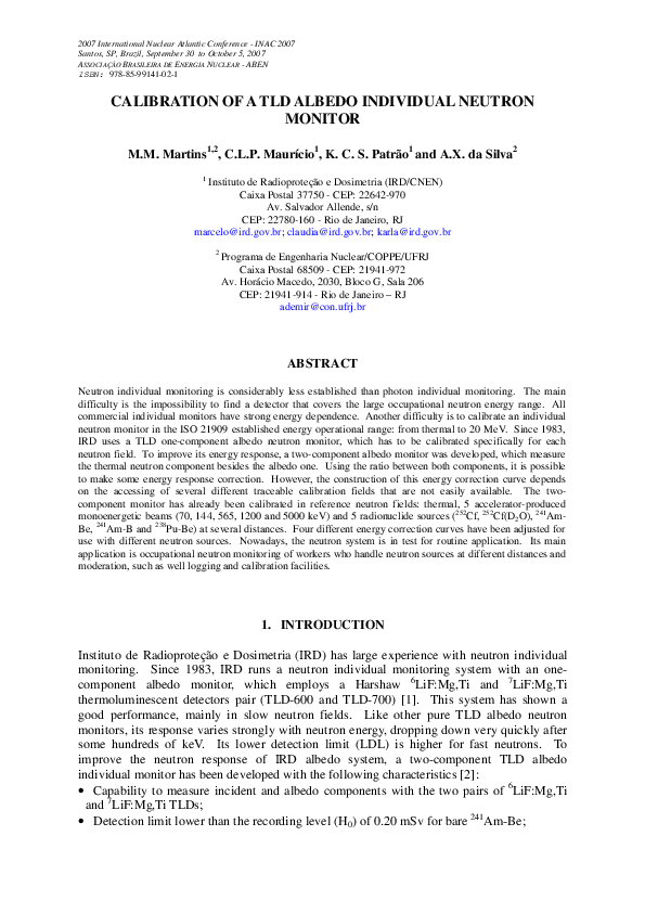 (PDF) Calibration of a TLD Albedo Individual Neutron Monitor