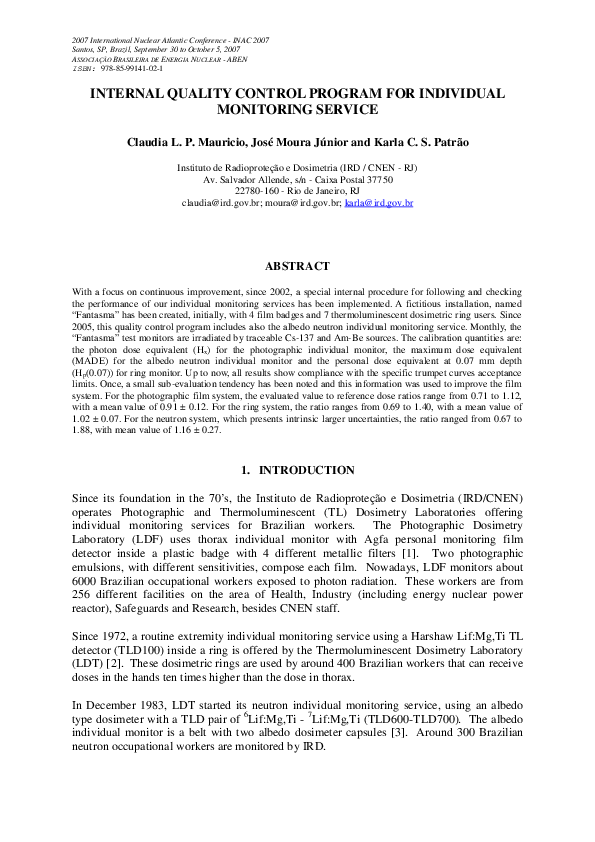 (PDF) Internal Quality Control Program for Individual Monitoring Service