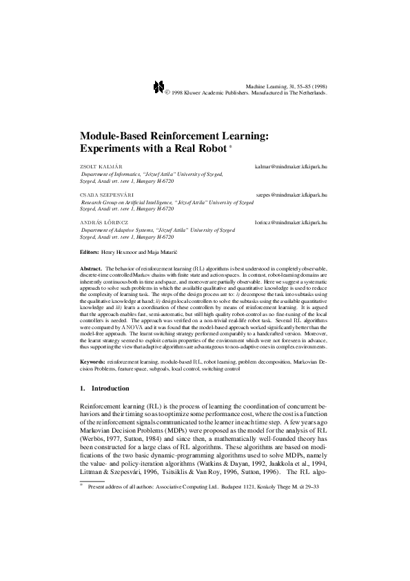 (PDF) Module-based reinforcement learning: Experiments with a real robot