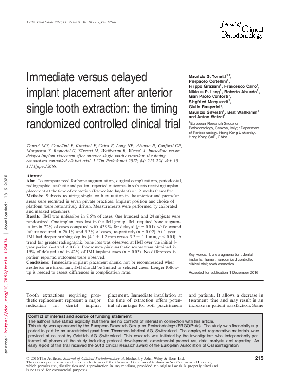 (PDF) Immediate vs . Delayed Implant Placement after Anterior Single Tooth Extraction: The ...