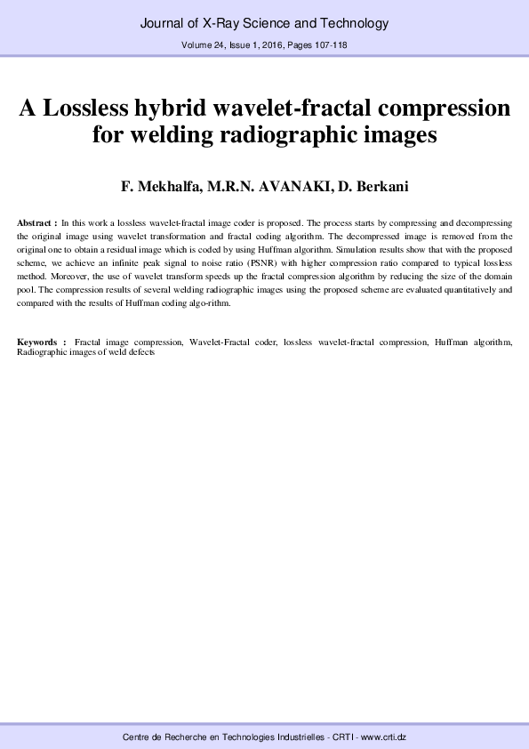 (PDF) A Lossless hybrid wavelet-fractal compression for welding radiographic images