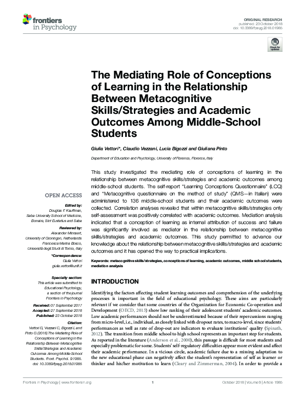 Pdf The Mediating Role Of Conceptions Of Learning In The Relationship Between Metacognitive
