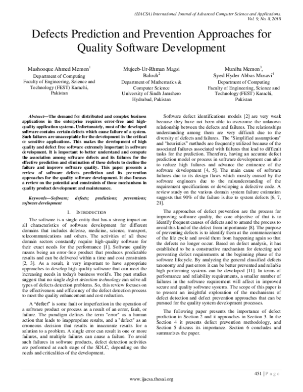 (PDF) Defects Prediction and Prevention Approaches for Quality Software Development
