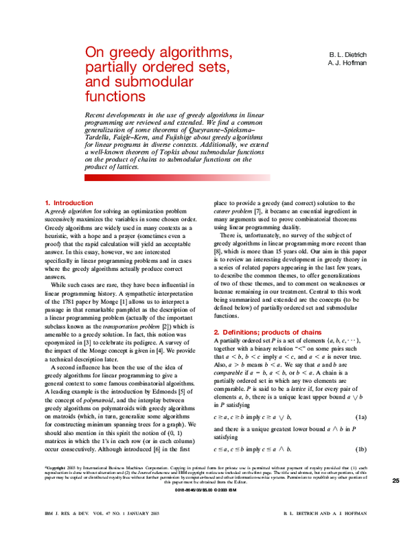 (PDF) On greedy algorithms, partially ordered sets, and submodular functions