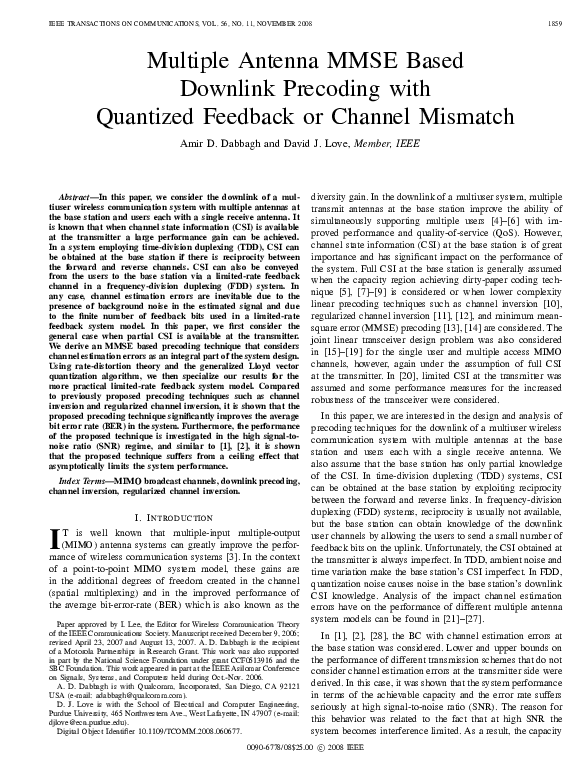 (PDF) Multiple antenna MMSE based downlink precoding with quantized feedback or channel mismatch