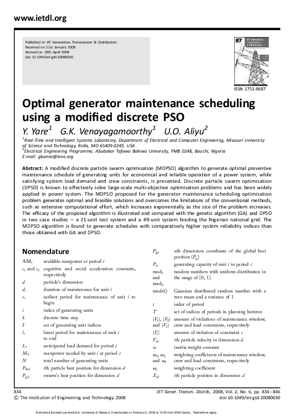 (PDF) Optimal generator maintenance scheduling using a modified discrete PSO