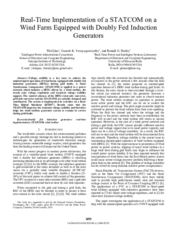 Pdf Real Time Implementation Of A Statcom On A Wind Farm Equipped With Doubly Fed Induction