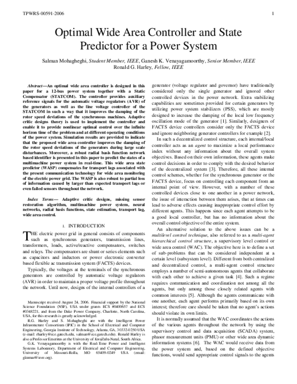 (PDF) Optimal Wide Area Controller and State Predictor for a Power System | Kumar ...