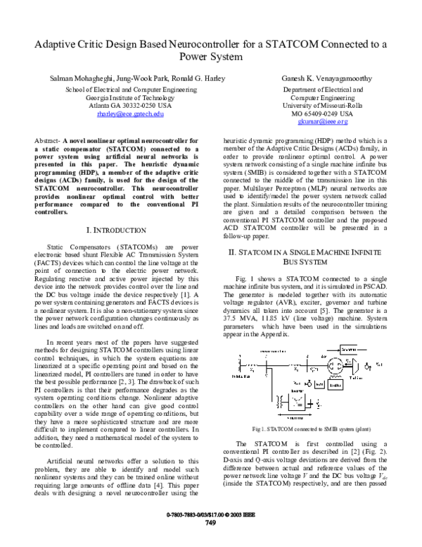 Pdf Adaptive Critic Design Based Neurocontroller For A Statcom Connected To A Power System