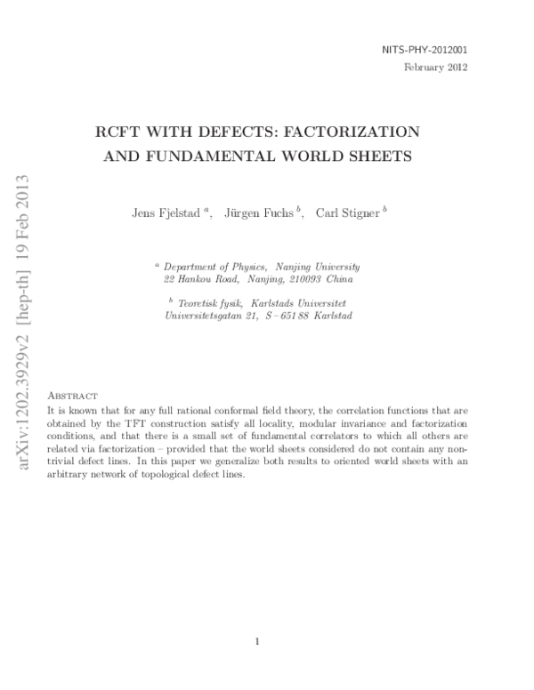 (PDF) RCFT with defects: Factorization and fundamental world sheets