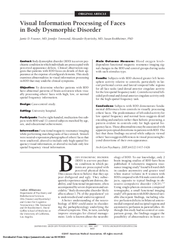 (PDF) Visual Information Processing of Faces in Body Dysmorphic Disorder