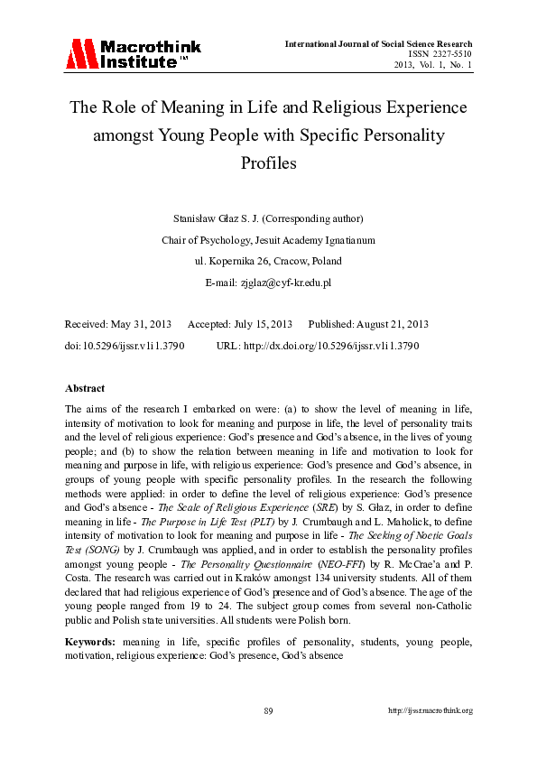 (PDF) The Role of Meaning in Life and Religious Experience amongst ...