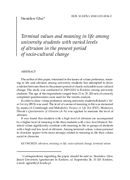 Terminal values and meaning in life among university students with ...