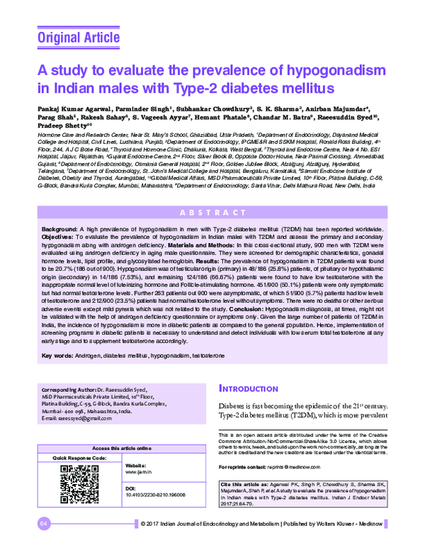 (PDF) A study to evaluate the prevalence of hypogonadism in Indian ...