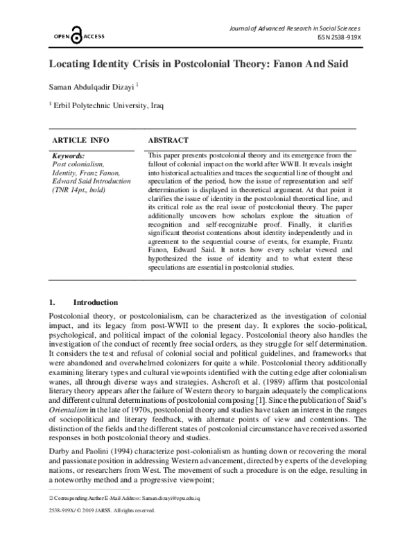 (PDF) Locating Identity Crisis in Postcolonial Theory: Fanon And Said