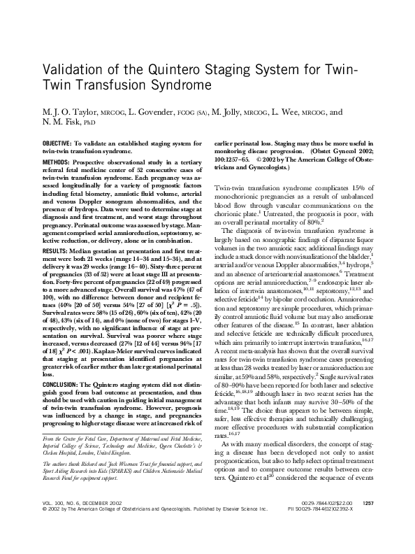(PDF) Validation of the Quintero staging system for twin-twin ...