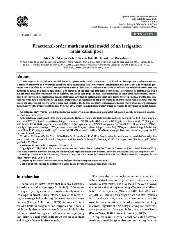 (PDF) Fractional-order mathematical model of an irrigation main canal pool