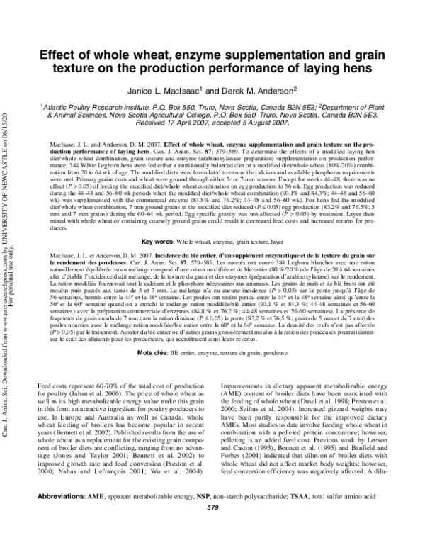 (PDF) Effect of whole wheat, enzyme supplementation and grain texture ...