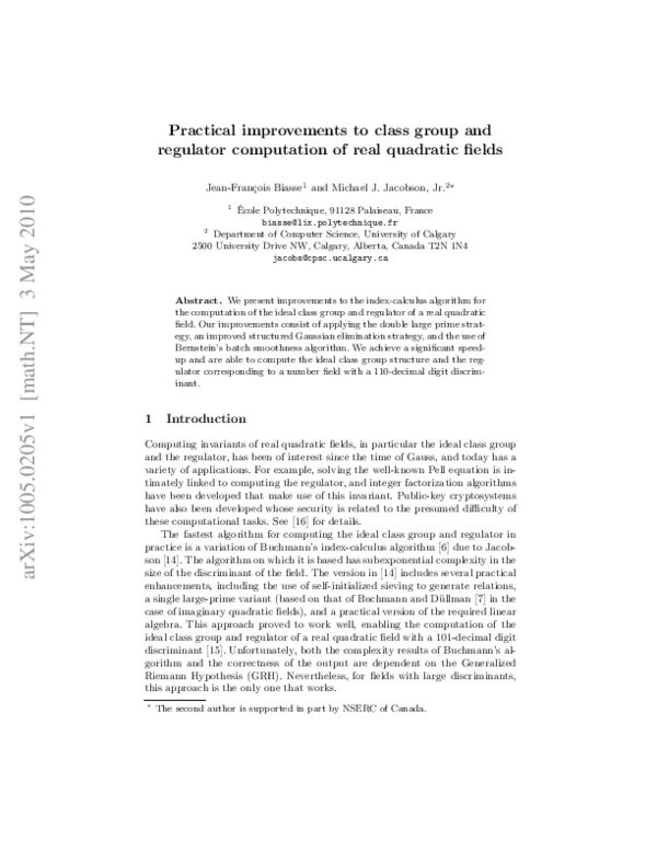 Pdf Practical Improvements To Class Group And Regulator Computation Of Real Quadratic Fields