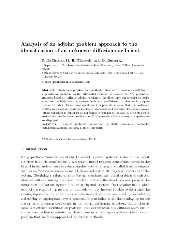 Pdf Analysis Of An Adjoint Problem Approach To The Identification Of An Unknown Diffusion