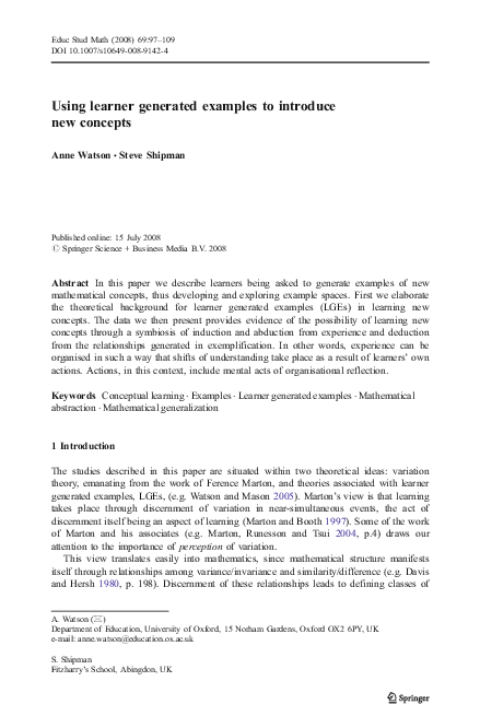 (PDF) Using learner generated examples to introduce new concepts