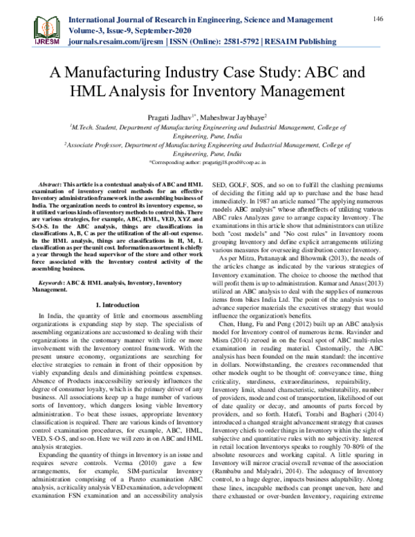 (PDF) A Manufacturing Industry Case Study: ABC and HML Analysis for ...