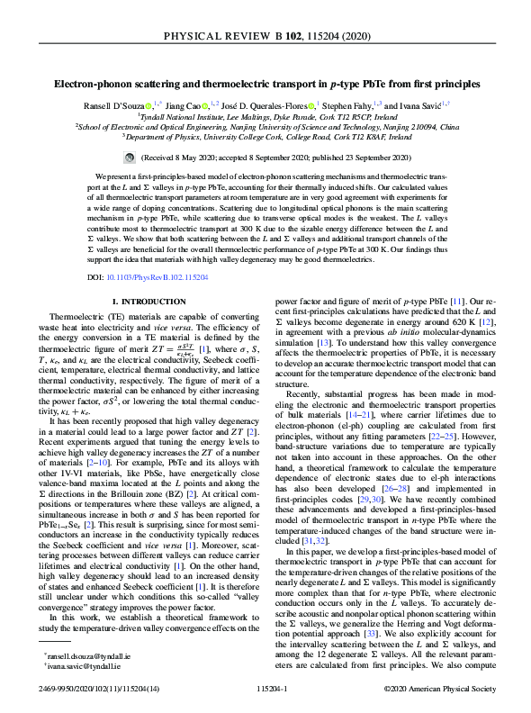 (PDF) Electron-phonon scattering and thermoelectric transport in p -type PbTe from first principles