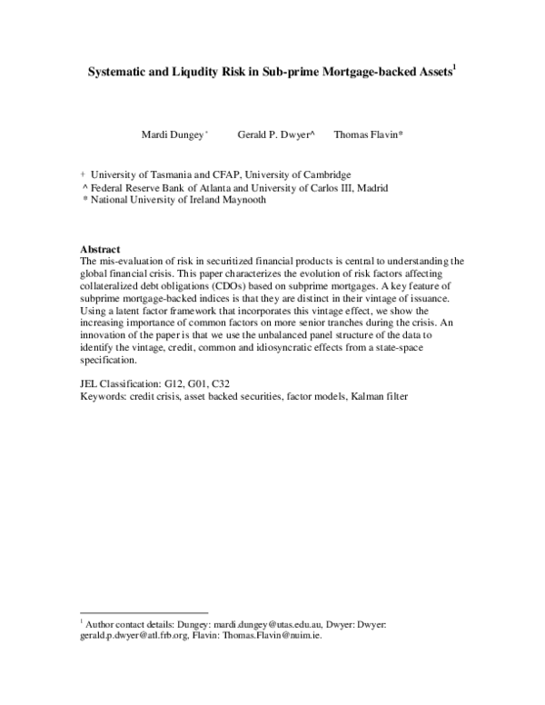 (PDF) Systematic and liquidity risk in sub-prime mortgage-backed assets