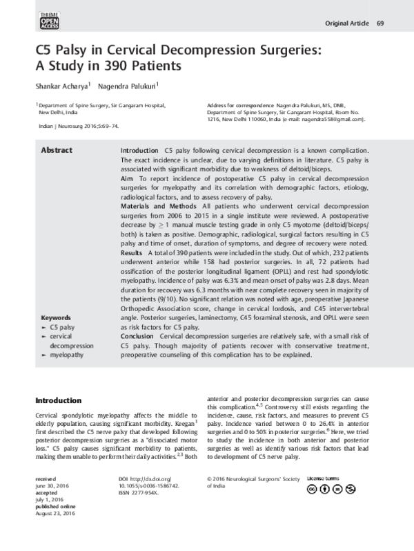 (PDF) C5 Palsy in Cervical Decompression Surgeries: A Study in 390 Patients
