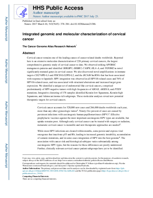 (PDF) Integrated genomic and molecular characterization of cervical cancer | PETER OLABODE ...