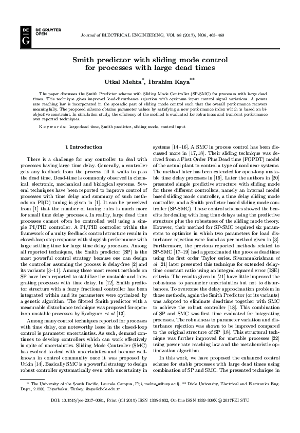 (PDF) Smith predictor with sliding mode control for processes with large dead times