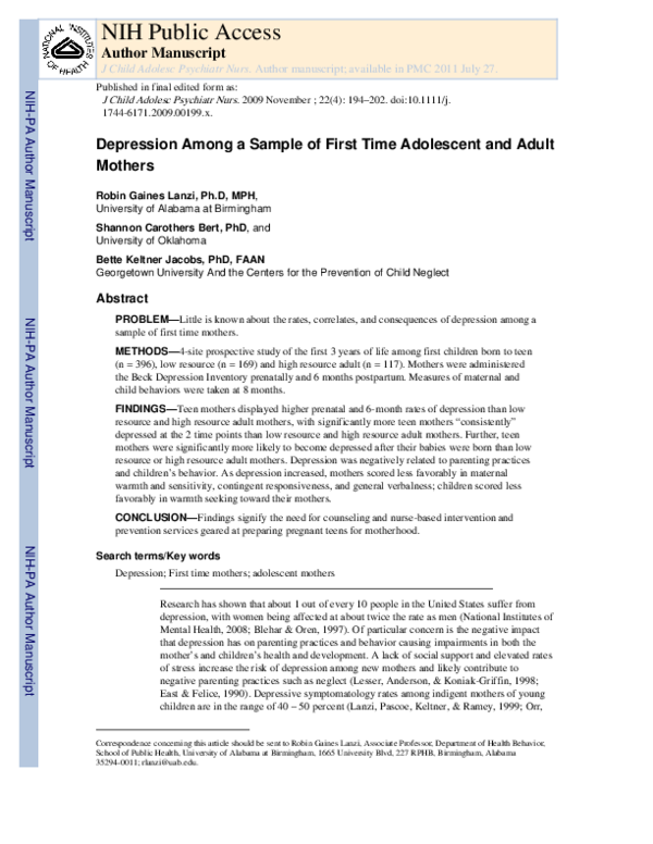 (PDF) Depression Among a Sample of First-Time Adolescent and Adult Mothers