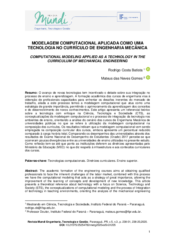 (PDF) Modelagem Computacional Aplicada Como Uma Tecnologia No Currículo De Engenharia Mecânica