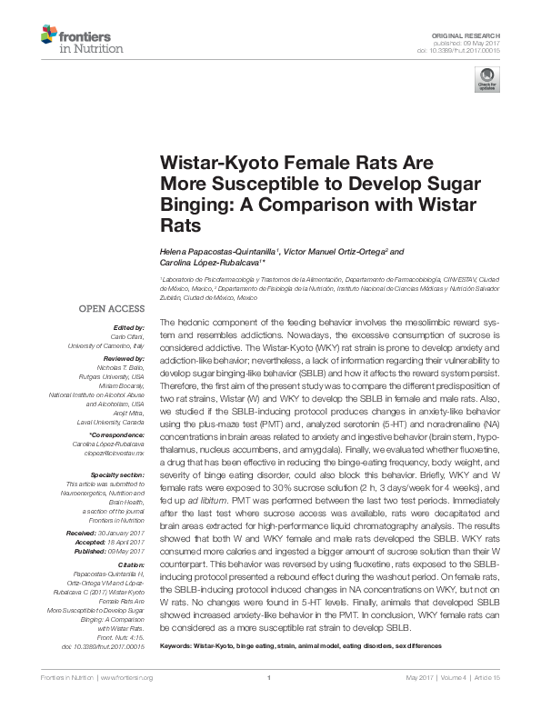 (PDF) Wistar-Kyoto Female Rats Are More Susceptible to Develop Sugar ...
