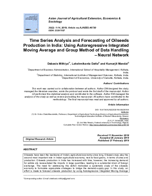 (PDF) Time Series Analysis and Forecasting of Oilseeds Production in India: Using Autoregressive ...