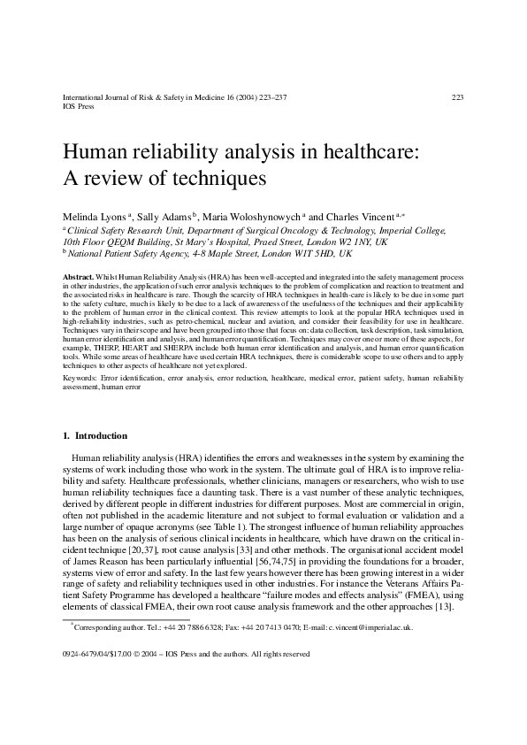 (PDF) Human reliability analysis in healthcare: A review of techniques